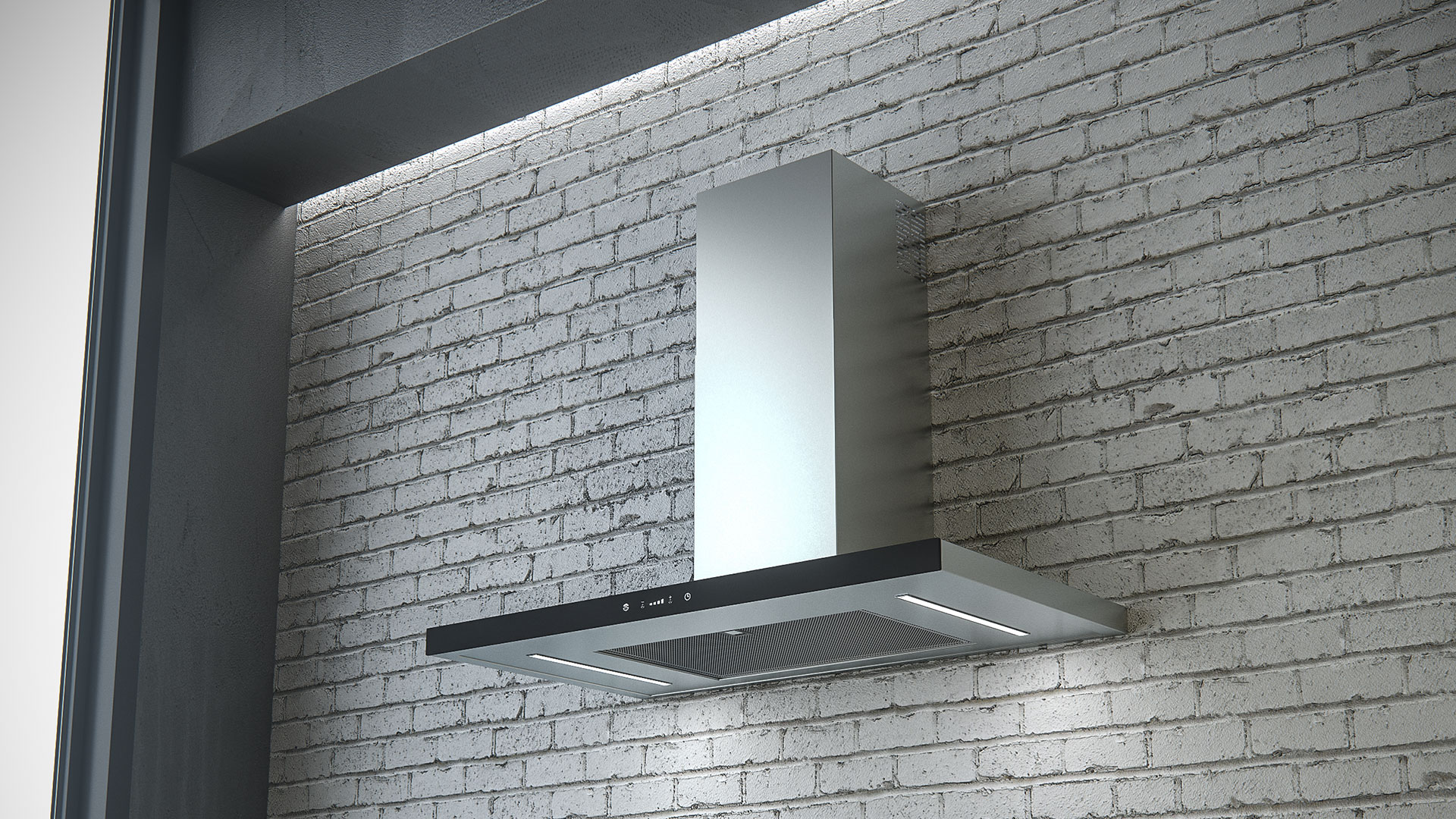 Italian kitchen hood with black glass front panel and touch control.