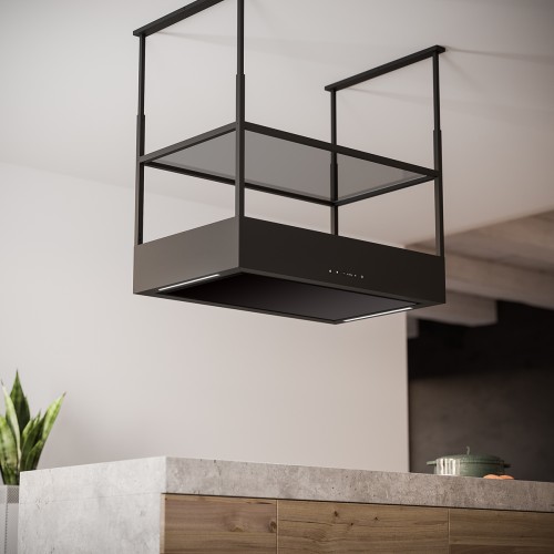 Symphony is a island hood with smoked glass shelves